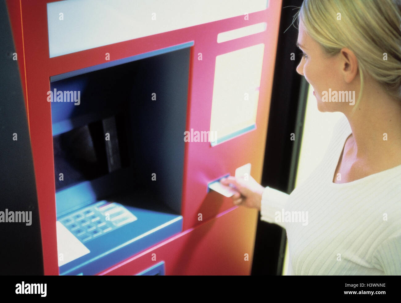 Woman, young, tread, bancomat, EC-card, card, credit card, money ...