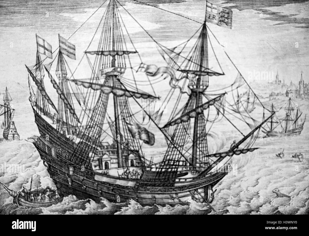 Engraving depicting a British galleon. Dated 18th Century Stock Photo ...
