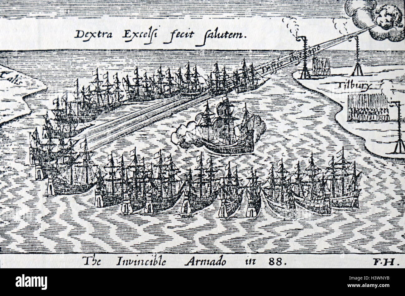 Engraving depicting The Spanish Armada, a Spanish fleet of 130 ships ...