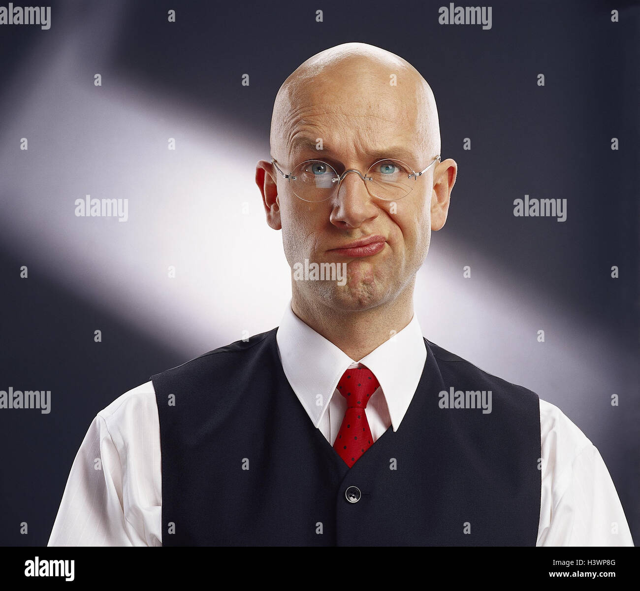 Man Bald Head Glasses Shirt Waistcoat Tie Facial Play Critically Dissatisfied Portrait