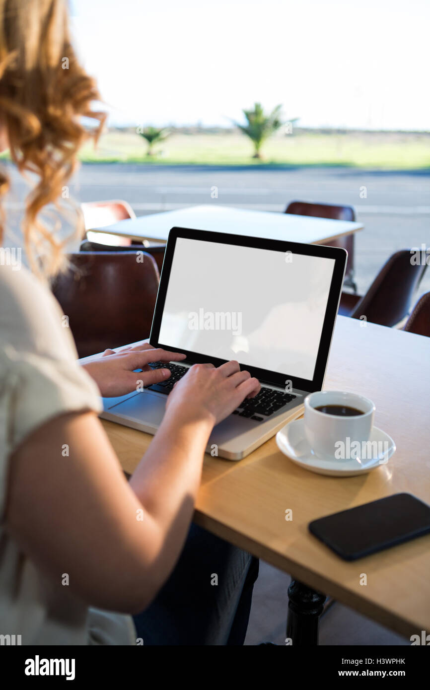 Rear view of woman using her laptop Stock Photo - Alamy