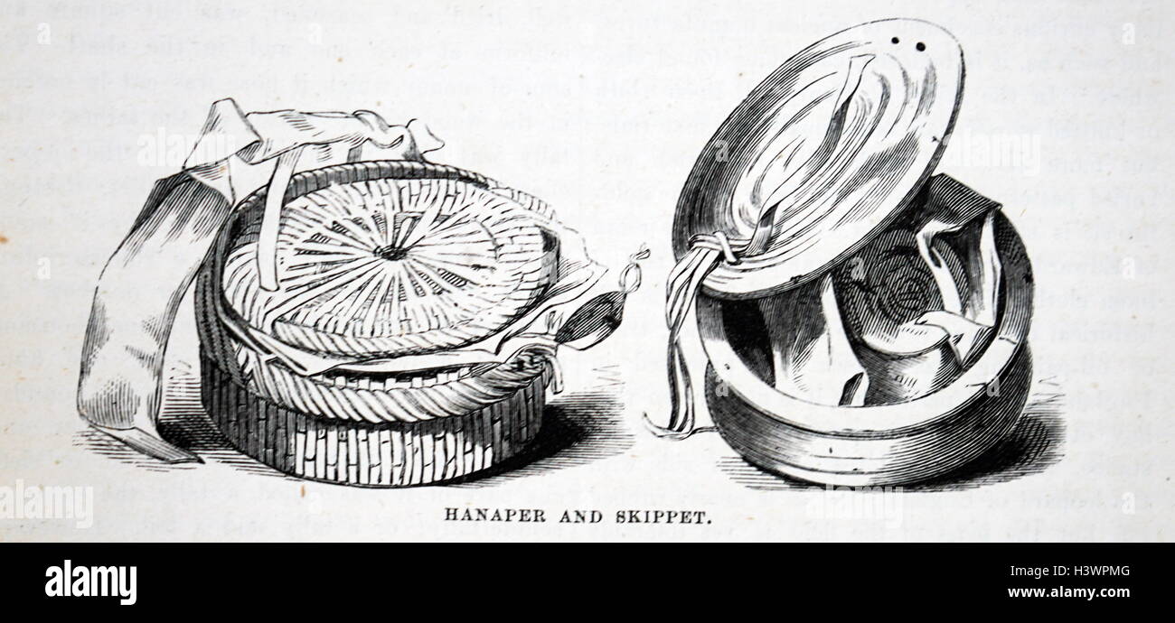 Engraving of a wicker hanaper and skippet. Dated 15th Century Stock ...