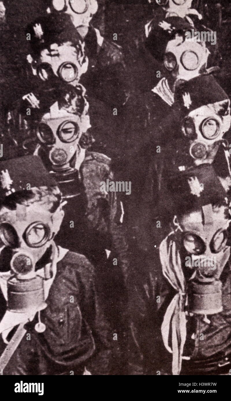 Photograph of Italian Fascist Youths of the Balillas wearing gas masks ...