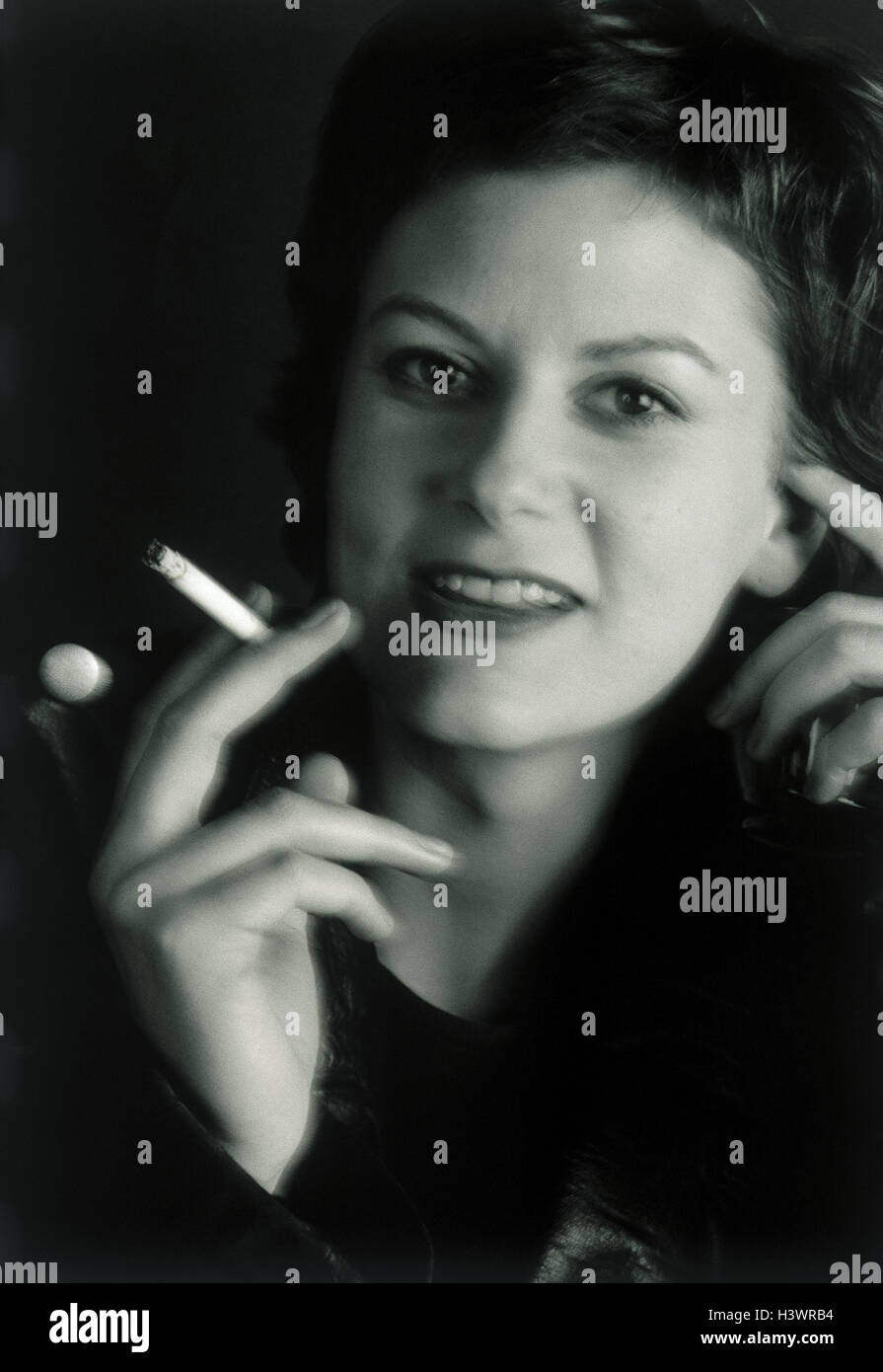 Woman, cigarette, smoke, portrait, b/w, smile inside, young ...
