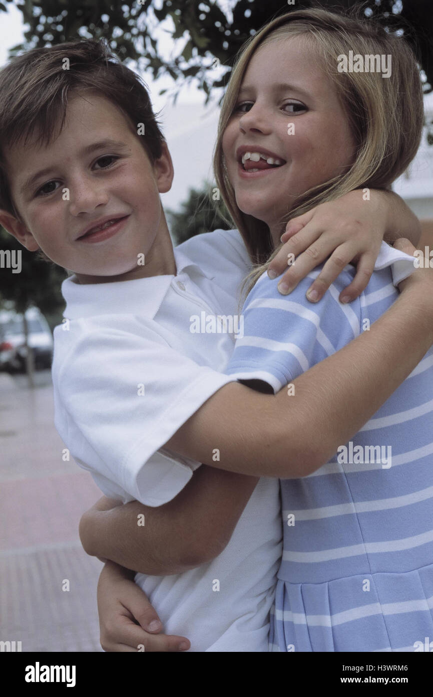 Children, happy, embrace, half portrait, outside, girls, boy, two ...