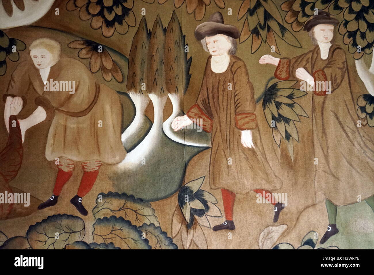 Hand painted Elizabethan wall hanging or covering at Blakesley Hall is ...