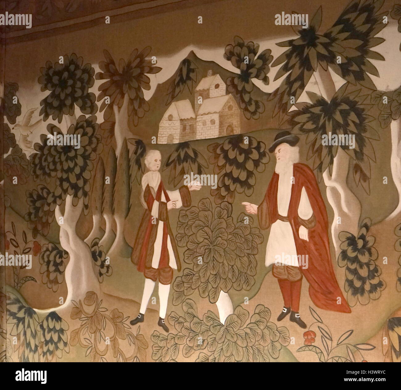 Hand painted Elizabethan wall hanging or covering at Blakesley Hall is ...