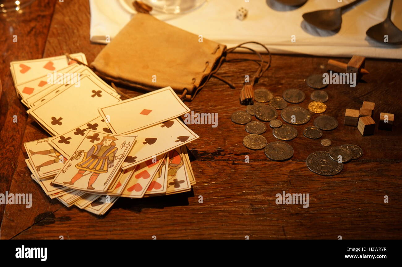 Elizabethan dining table set with typical foods, at Blakesley Hall is a ...