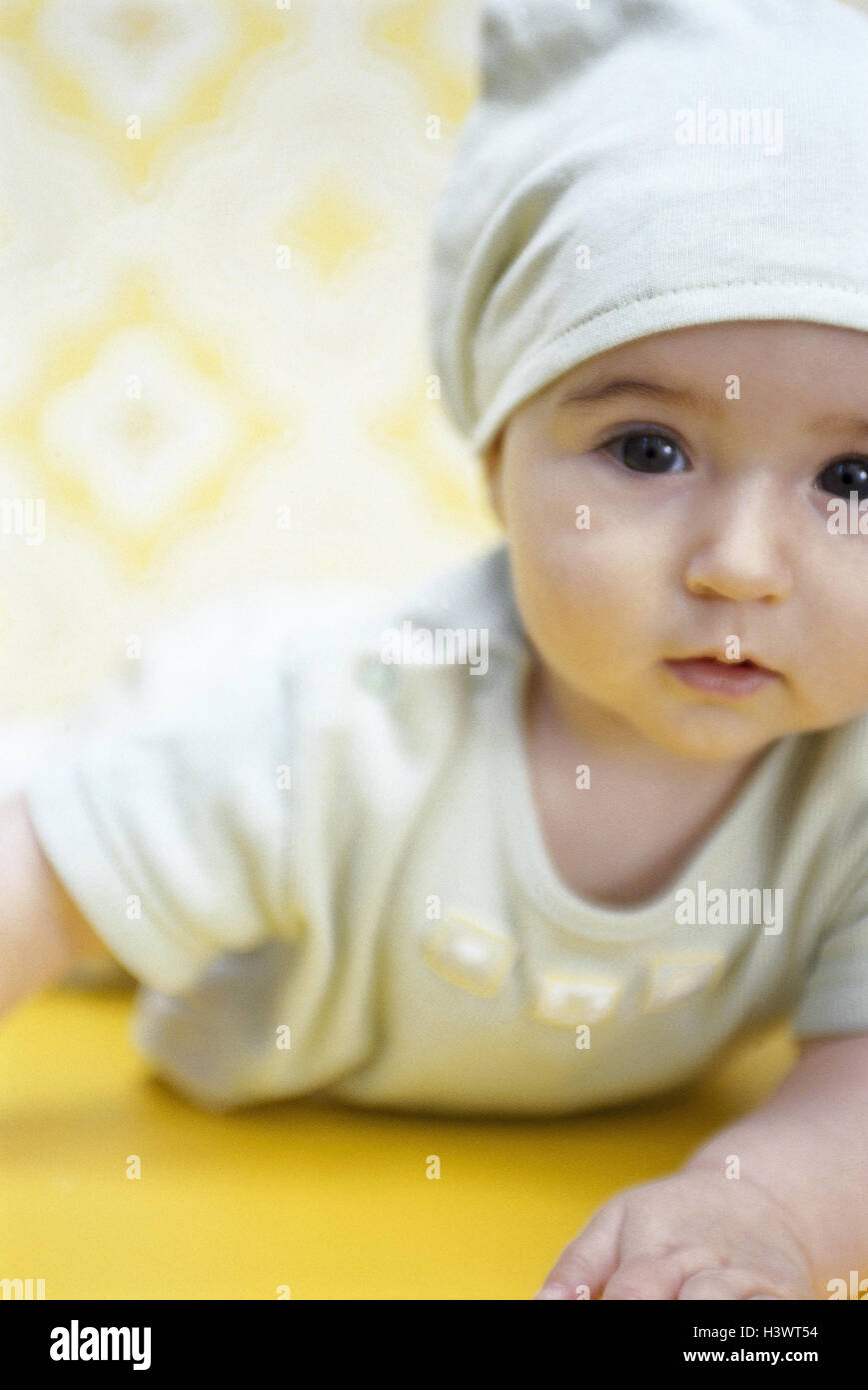 Baby, cap, creep, portrait, inside, infant, child, abdominal position ...