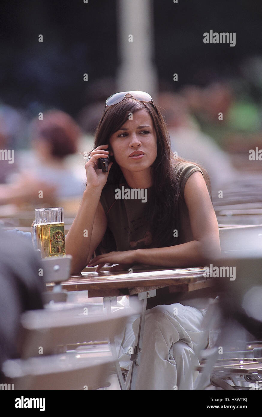 Beer garden, woman, young, mobile phone, call up, call summer, outside ...