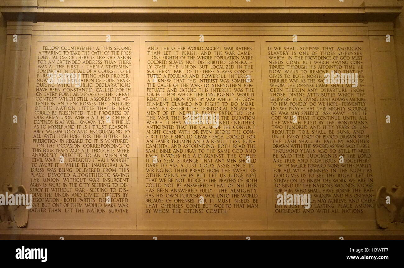 Abraham Lincoln's second inaugural address inscribed on a wall of the ...
