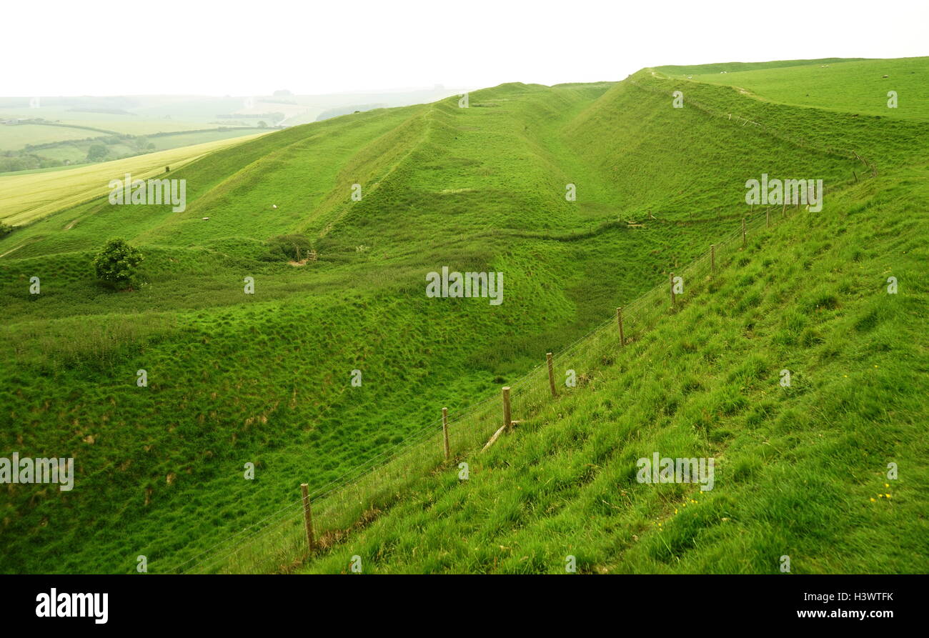 View of Maiden Castle, an Iron Age hill fort, a type of earthworks used ...