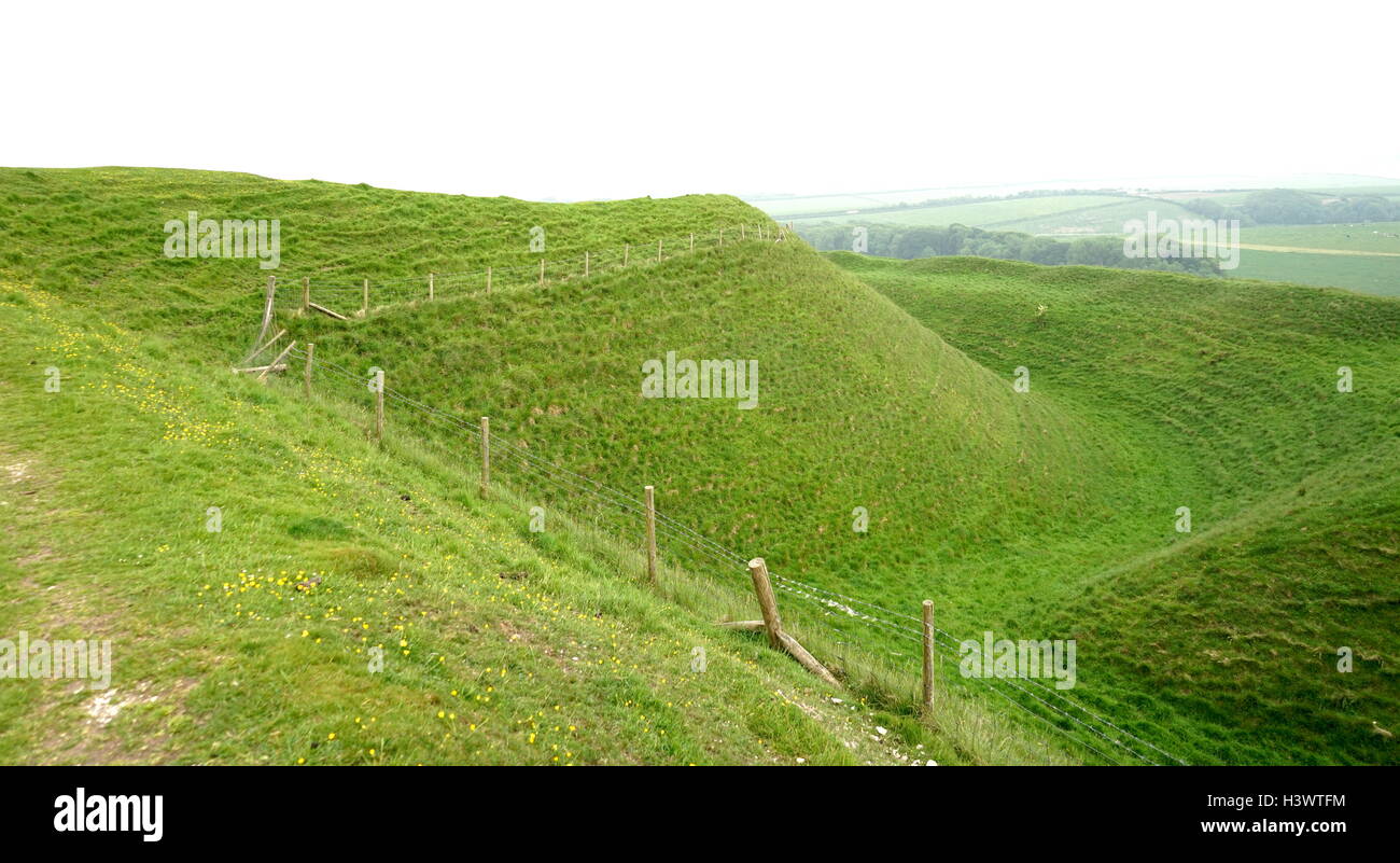 View of Maiden Castle, an Iron Age hill fort, a type of earthworks used ...
