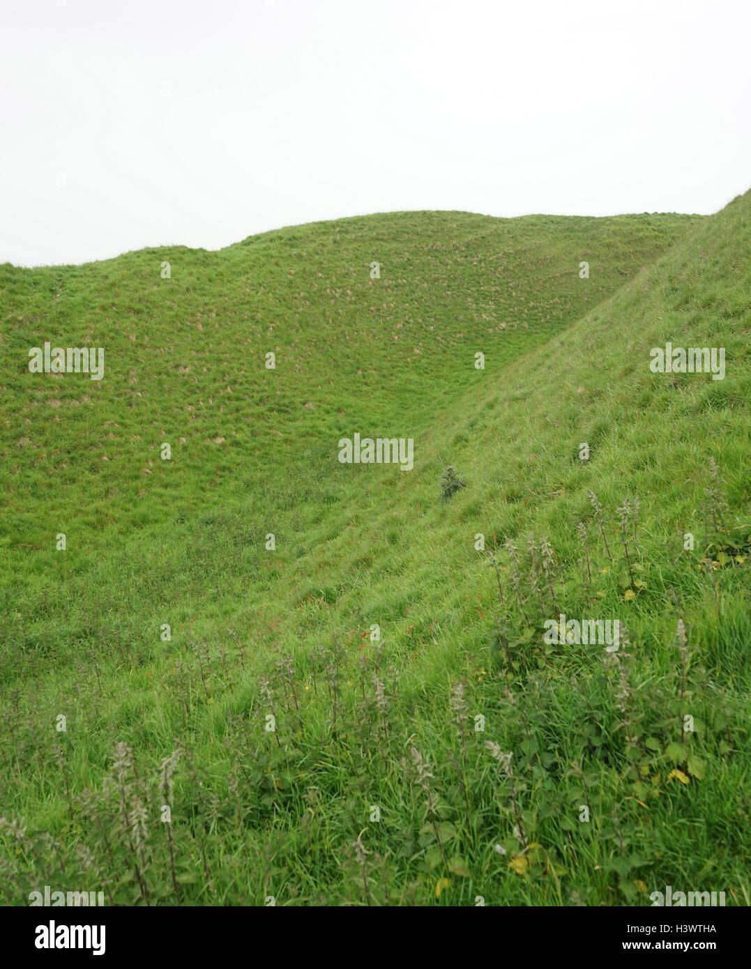 View of Maiden Castle, an Iron Age hill fort, a type of earthworks used ...