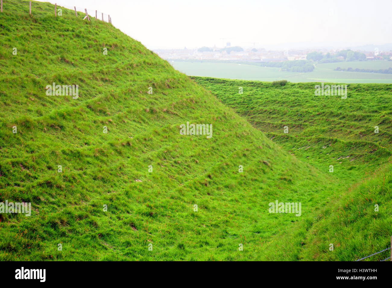 View of Maiden Castle, an Iron Age hill fort, a type of earthworks used ...
