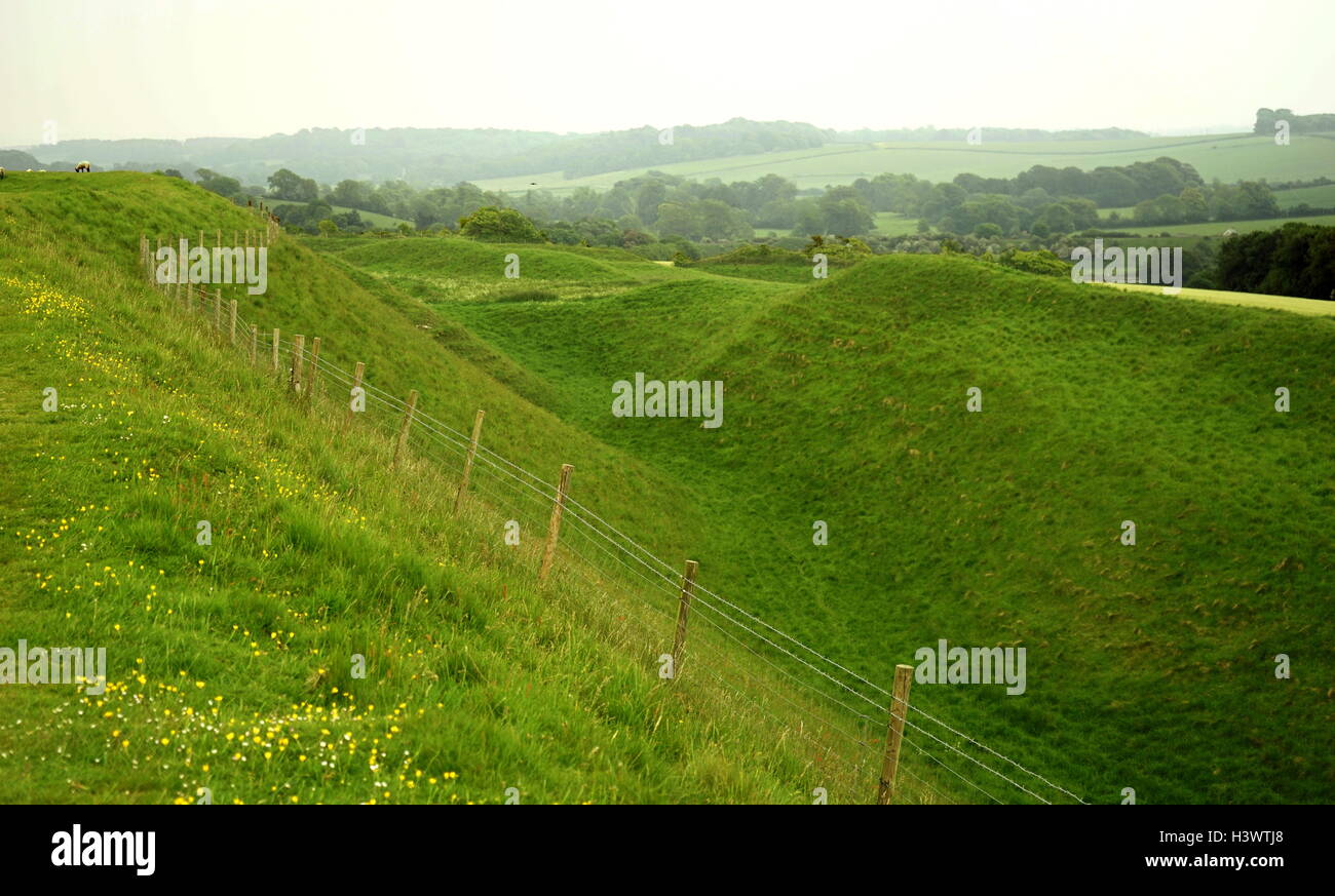 View of Maiden Castle, an Iron Age hill fort, a type of earthworks used ...