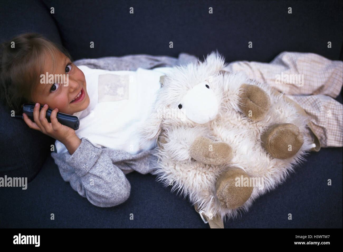 Couch, girl, lie, call up, soft toy, smile inside, sofa, child, phone ...