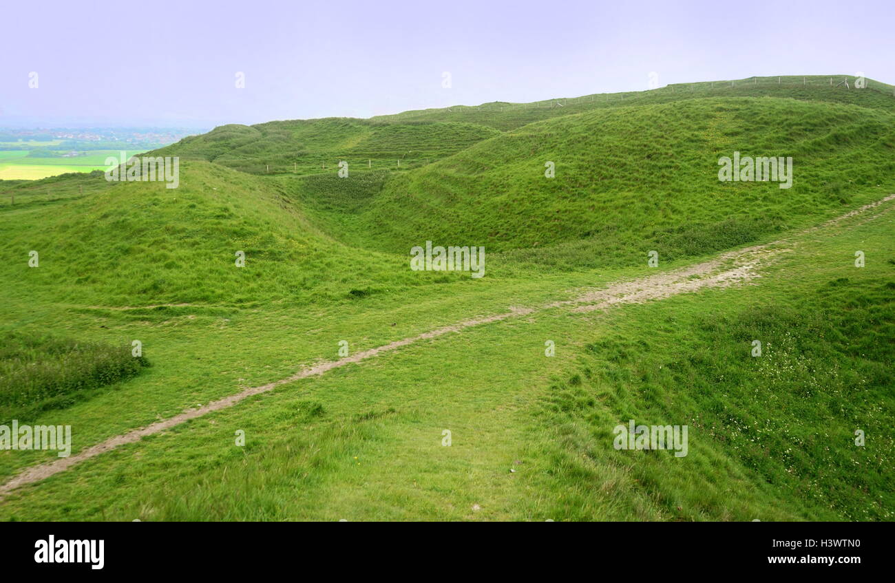 View of Maiden Castle, an Iron Age hill fort, a type of earthworks used ...