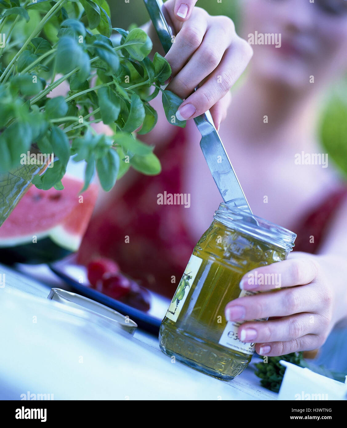 Woman, detail, hands, glass, spread, knife, blur, outside, summer ...