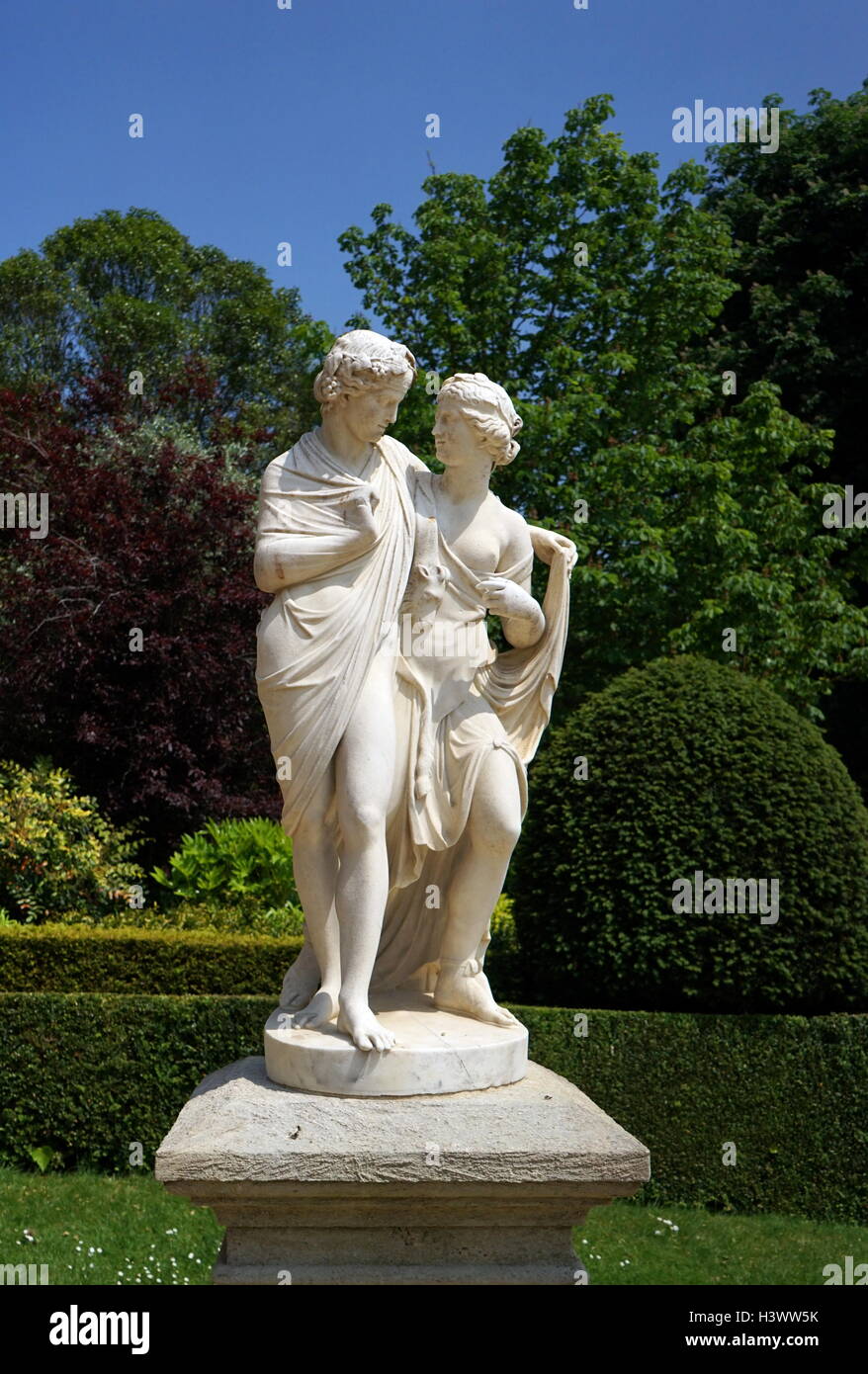 View of a Roman style statue in the gardens of Waddesdon Manor, a ...