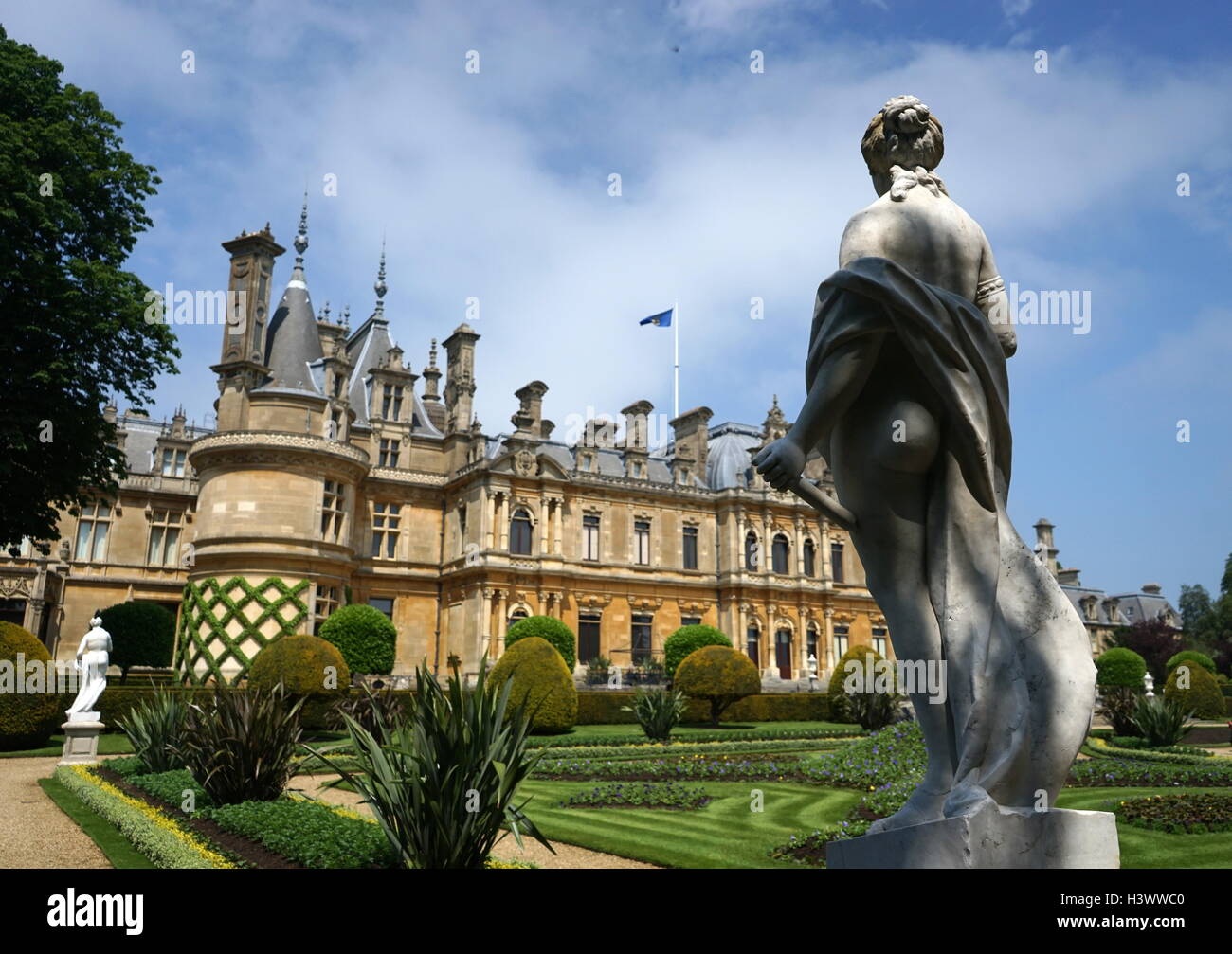 View of a Roman style statue in the gardens of Waddesdon Manor, a ...