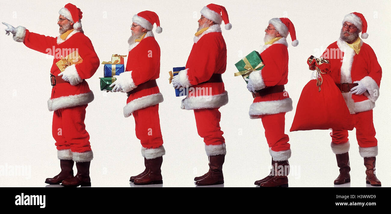 Santas, presents, series, one after the other, side view, studio, cut ...