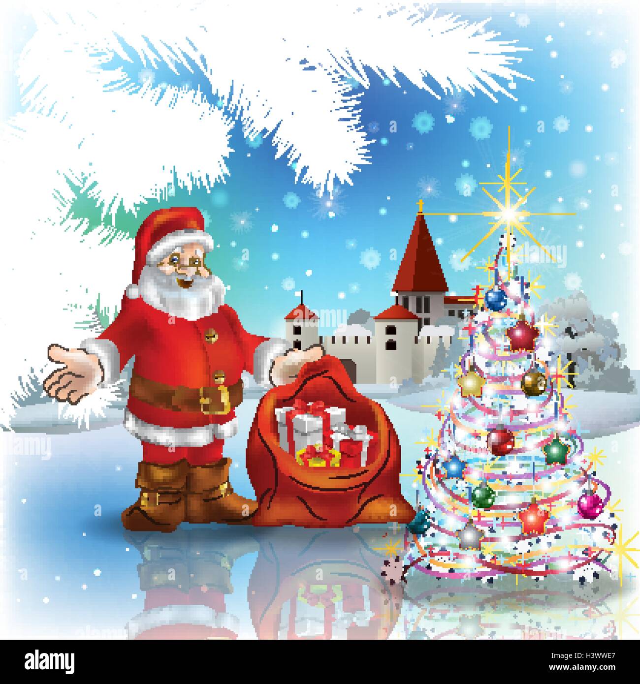 blue color greeting with castle and Santa Claus Stock Vector Image ...