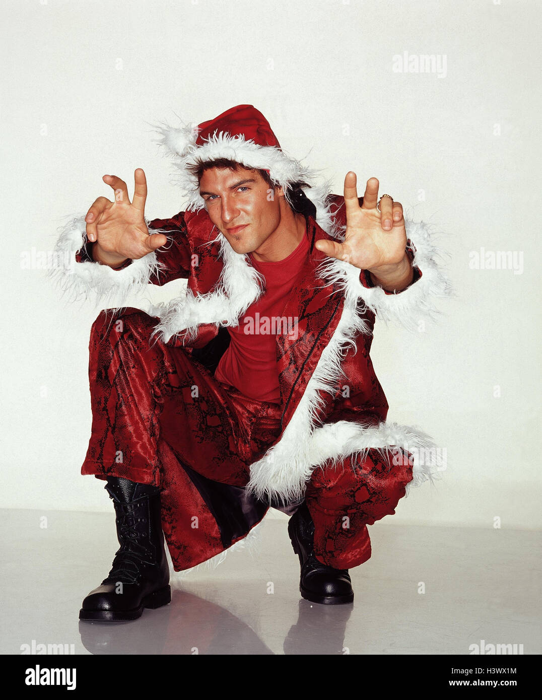 Man, lining, Santa Claus, squat, gesture, hands studio, cut out ...