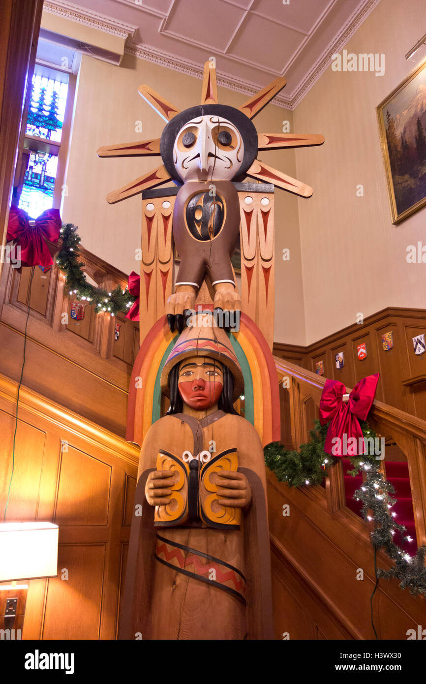 First nations house pole wood carving inside Government House in ...