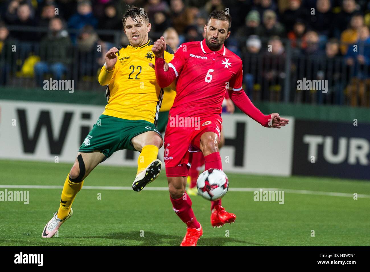 Vilnius, Lithuania. 11th Oct, 2016. Steve Borg (R) of Malta controls ...