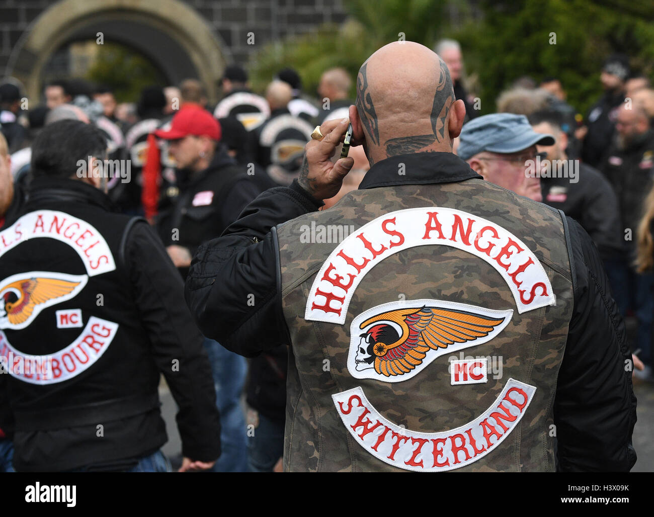 Giessen, Germany. 12th Oct, 2016. A Hells Angels member from ...