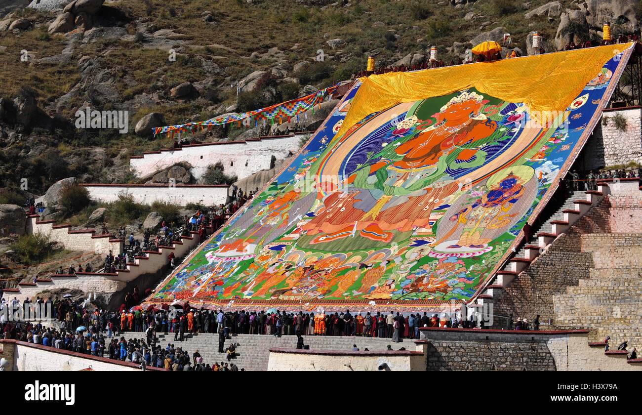 Lhasa, China's Tibet Autonomous Region. 13th Oct, 2016. A huge thangka ...