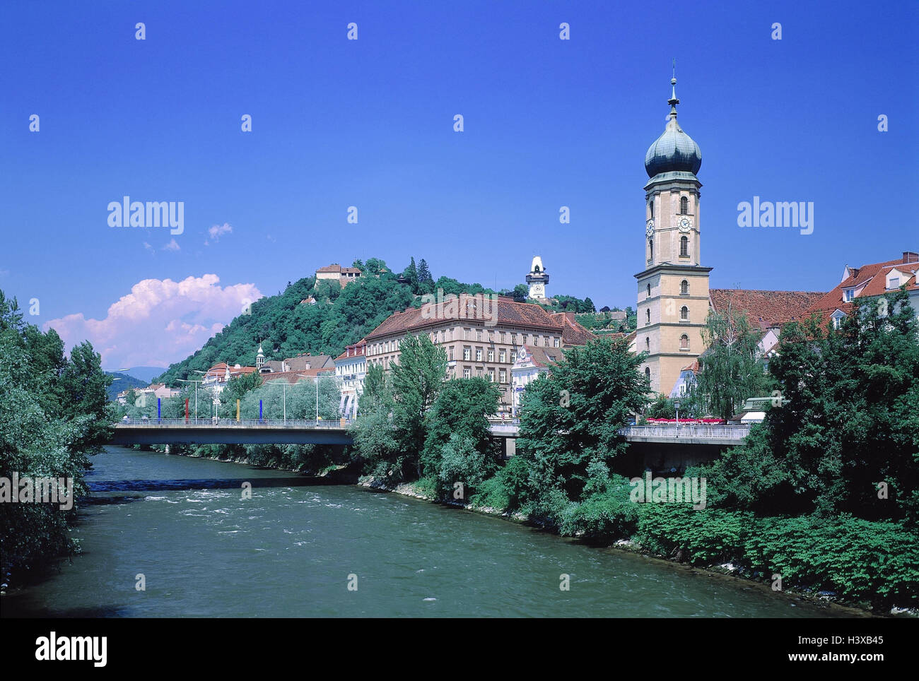 Austria, Styria, Graz, town view, clock tower, the Mur, town, view ...