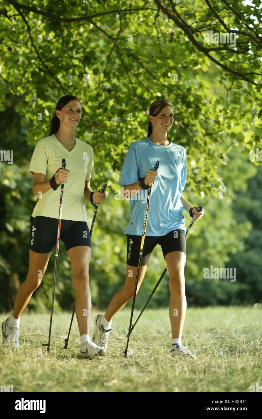 Edge the forest, women, Nordic Walking friends, young, two, together ...
