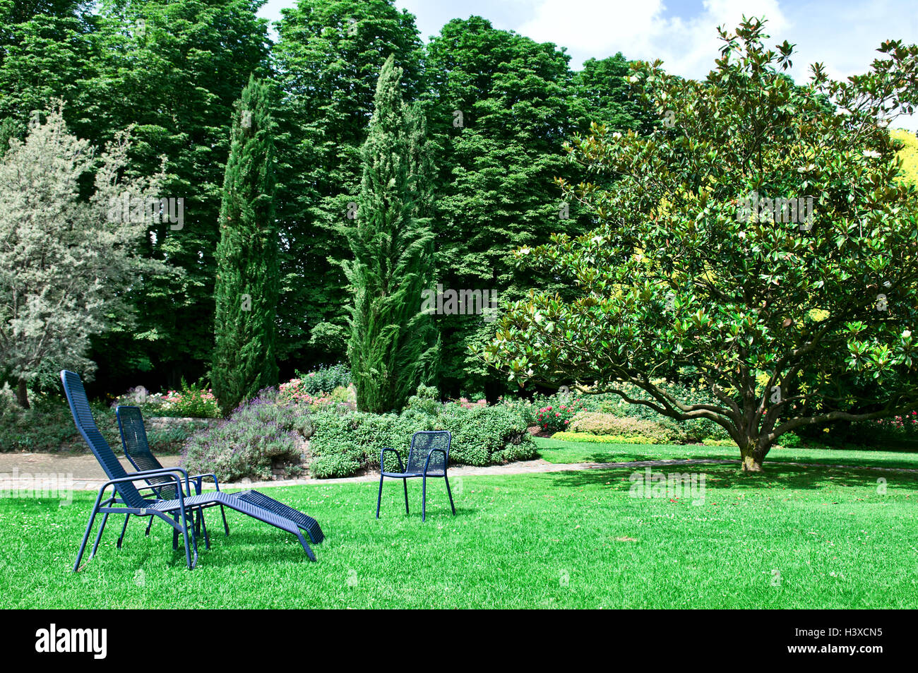 Spring park with spacious lawns and Chaise lounge Stock Photo - Alamy