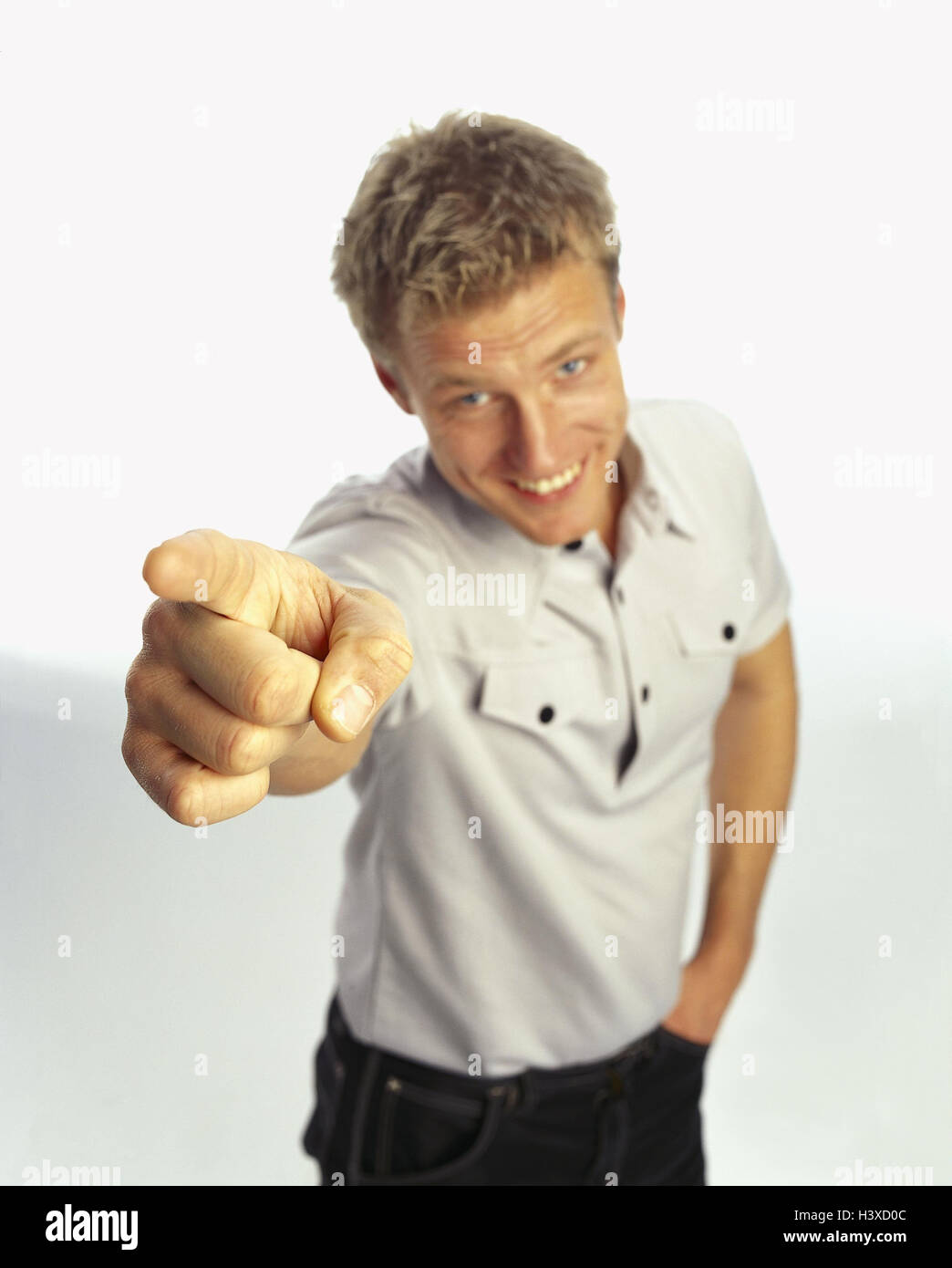 Man, gesture, pointing, tip, half portrait, Men, studio, near, indicate ...