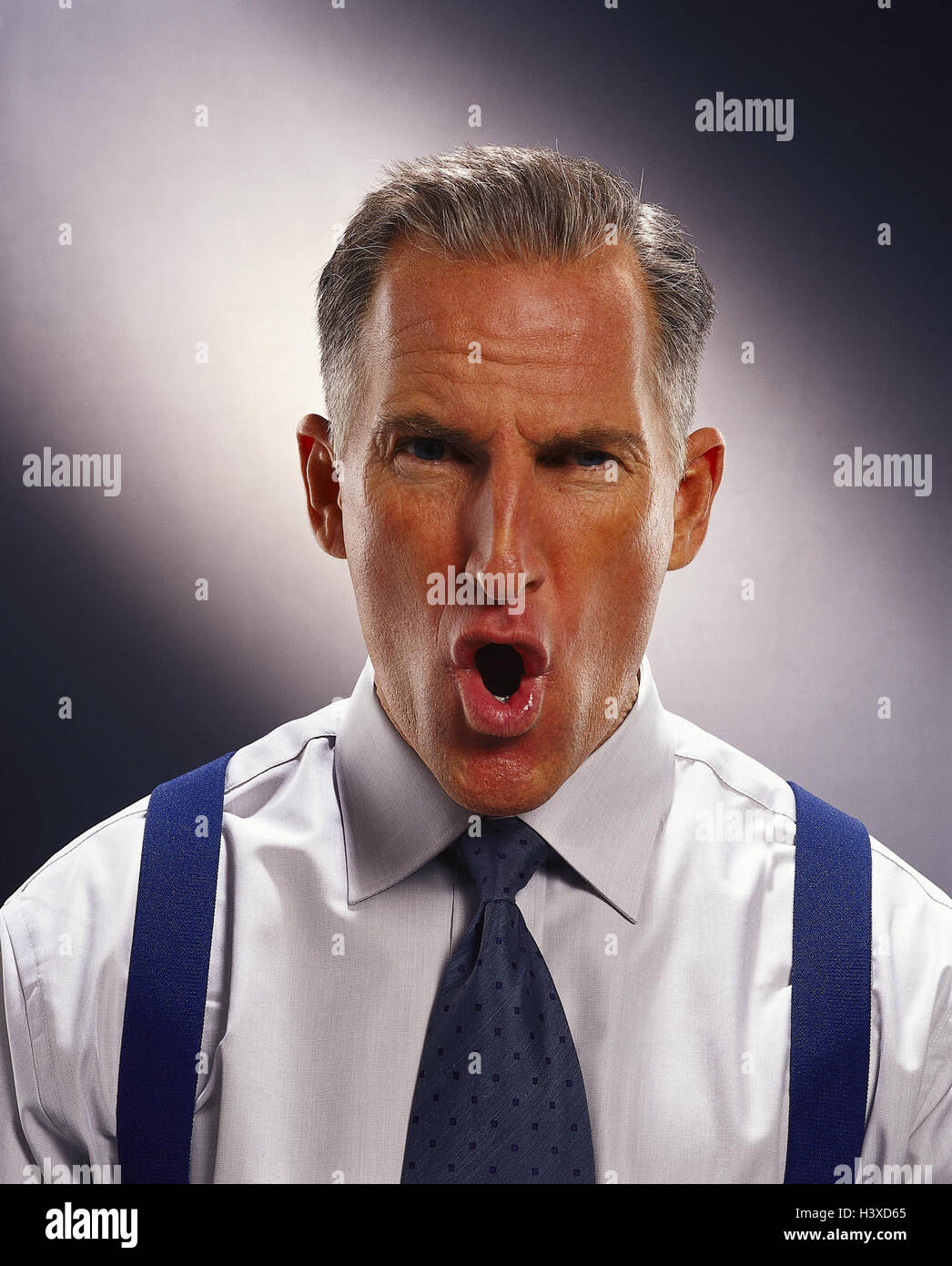 Man, middle old person, shirt, tie, braces, facial play, fury, rage ...