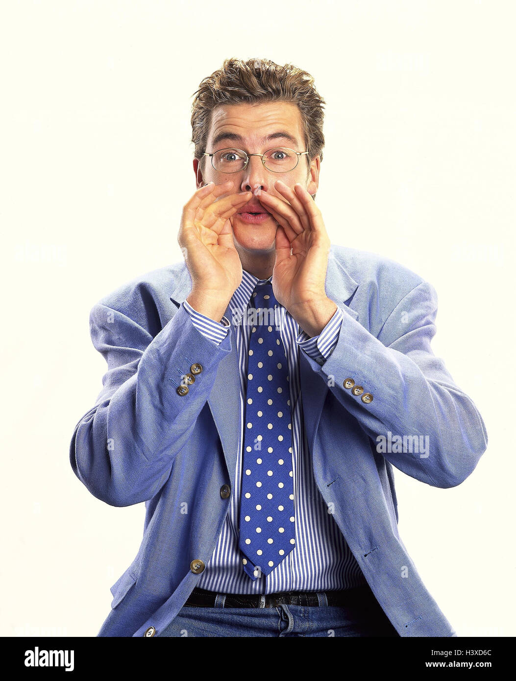 Man, young, suit, glasses, gesture, shout, portrait, Men, studio, cut ...