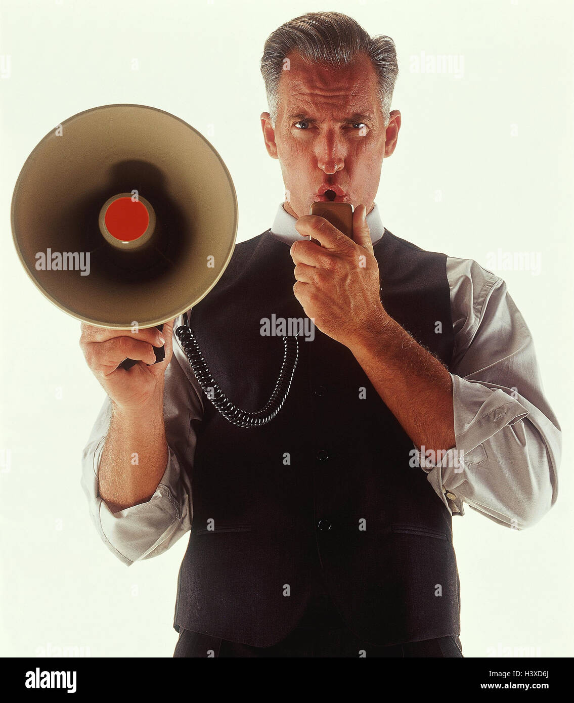 Man, loudspeaker, communication, half portrait, concepts, business ...