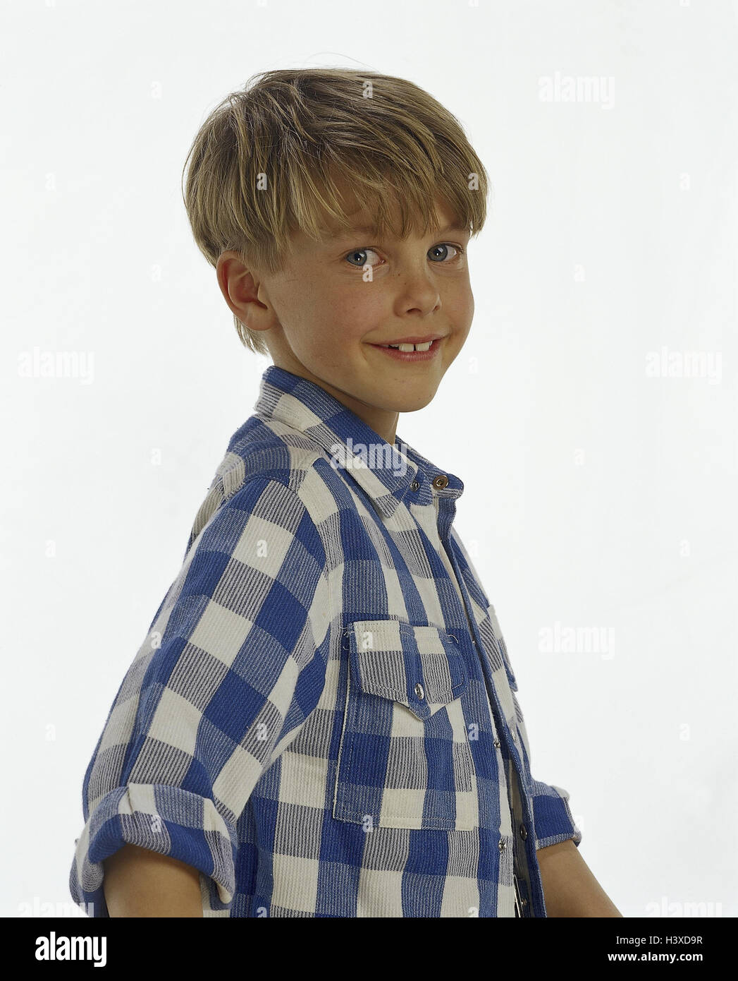 Boy, smile blond, shirt, checked, half portrait, side view, Children ...