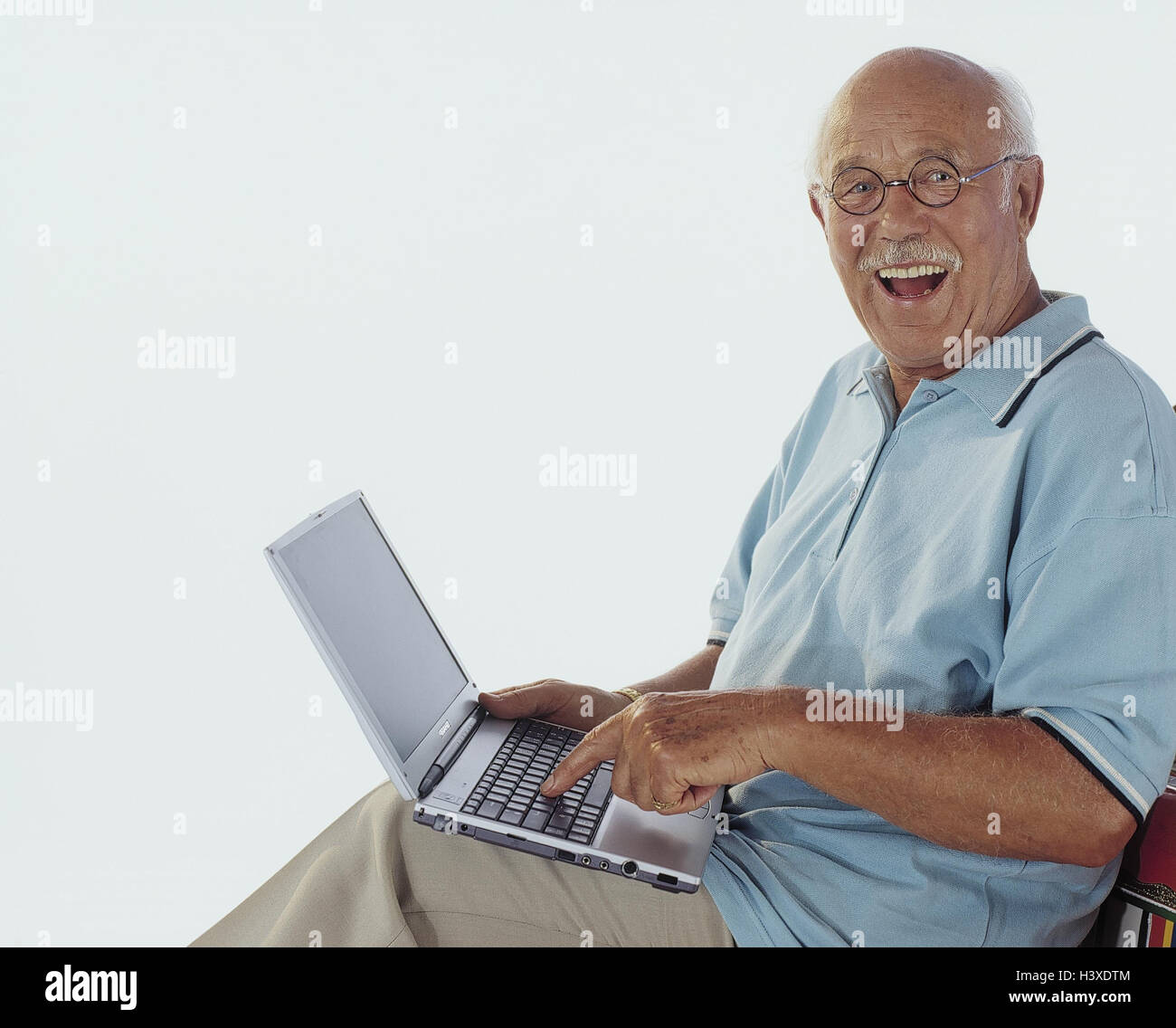 Senior, notebook computer, laugh, type joy, studio, cut out, laptop ...