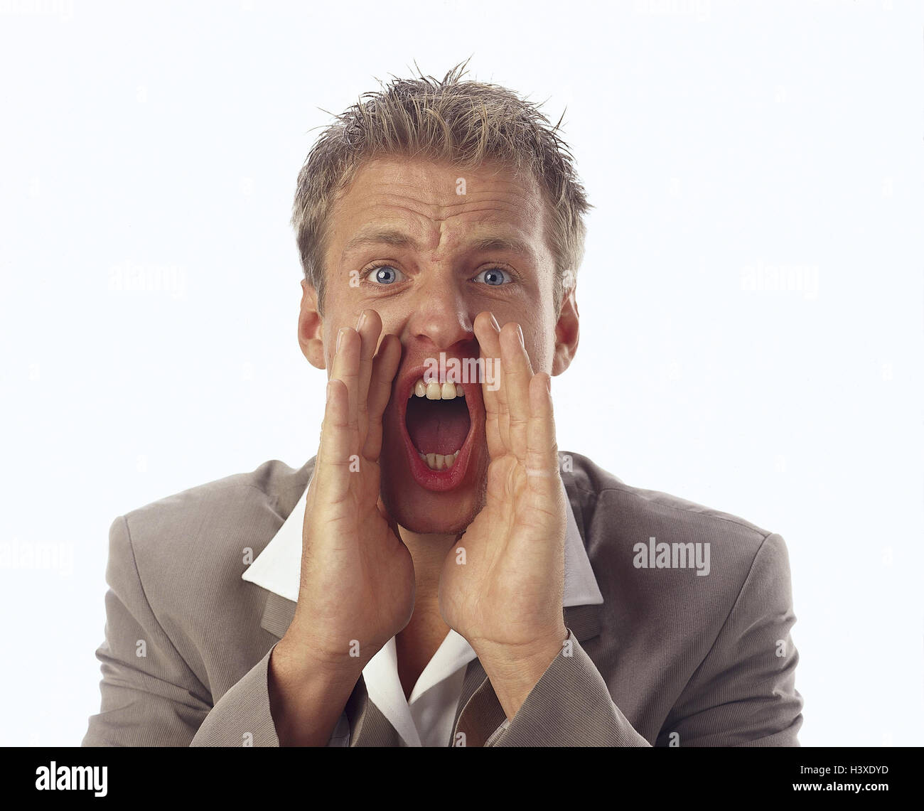 Man, young, gesture, shout, call, portrait, Men, studio, cut out, shout ...