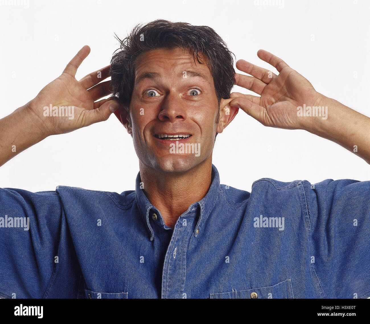 Man, gesture, listen in, hear portrait Men, studio, cut out, shirt ...