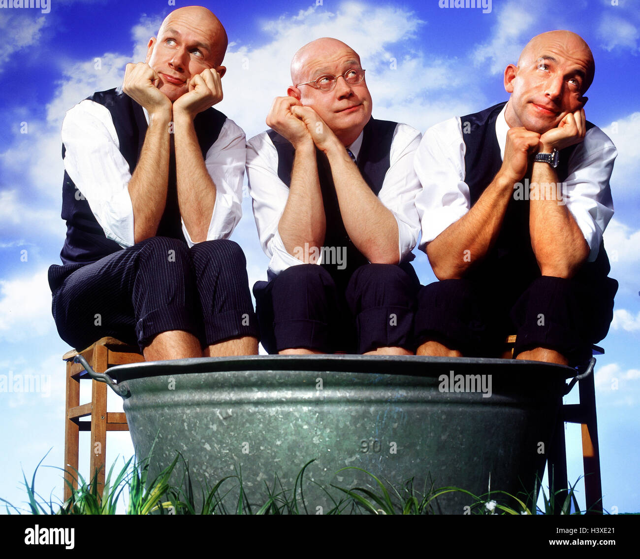 Men, three, bald head, shirt, waistcoat, tie, footbath, cornett tub ...