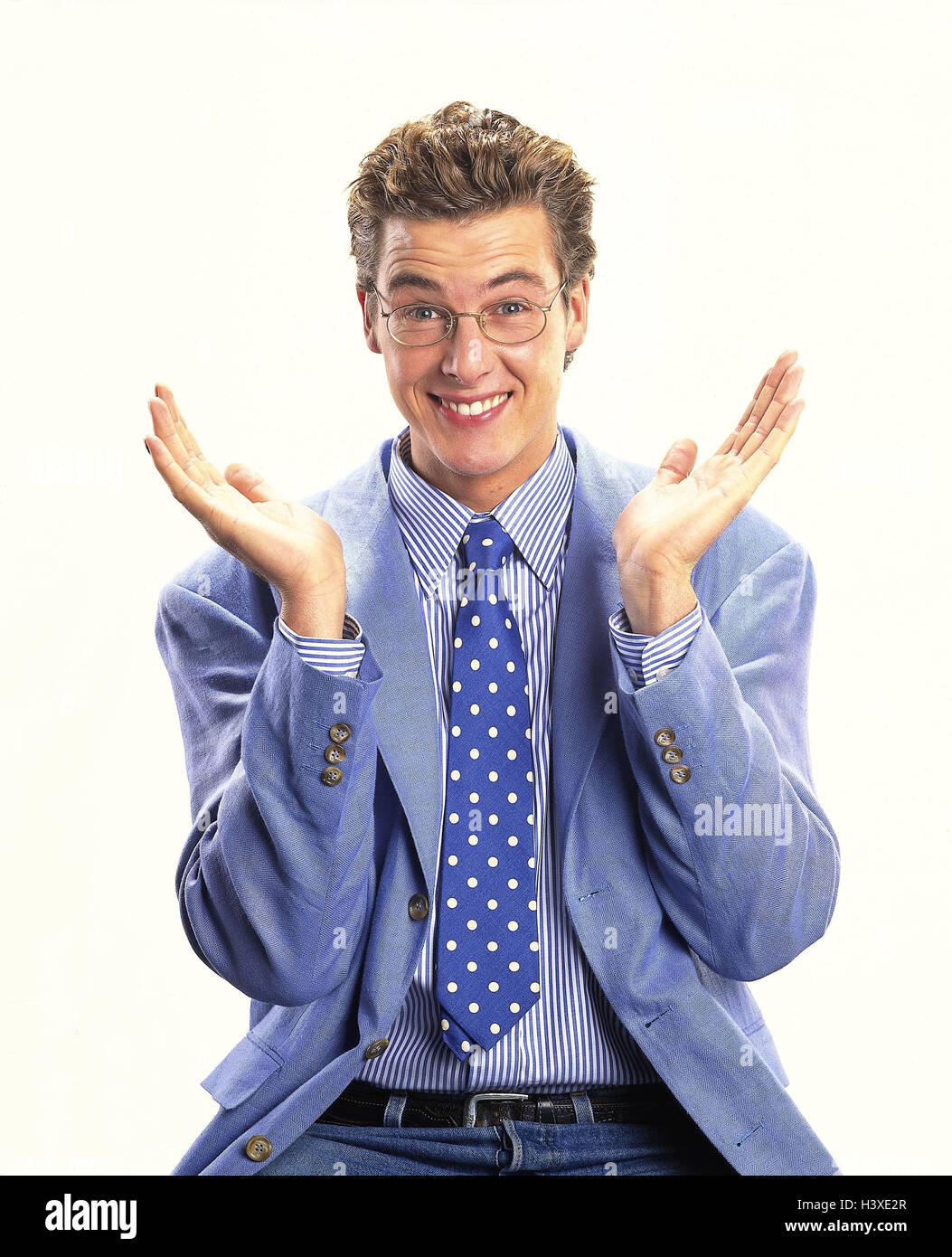 Man, young, suit, glasses, gesture, calmly, apathy, innocence, there ...