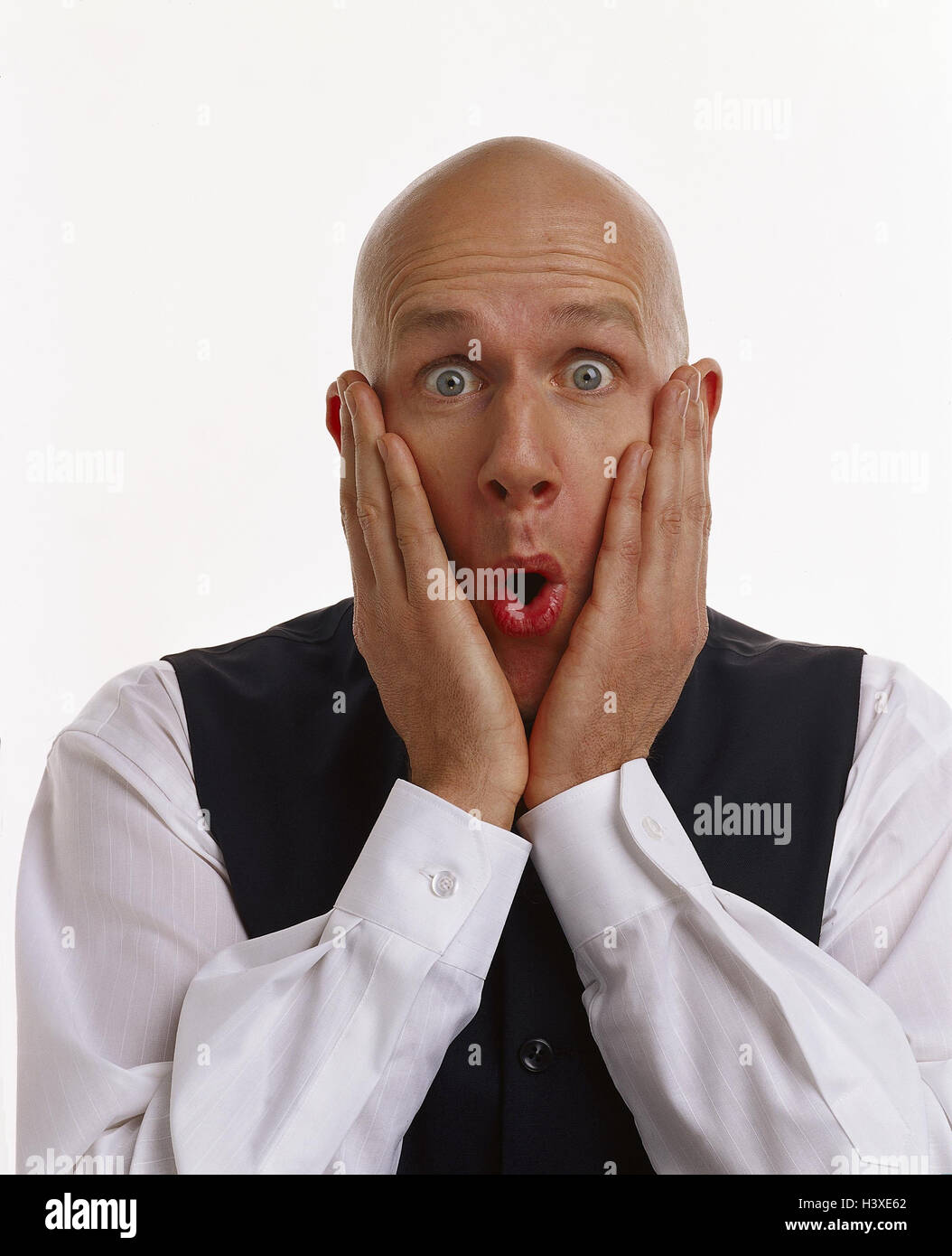 Man, bald head, shirt, waistcoat, tie, gesture, surprised, surprises ...