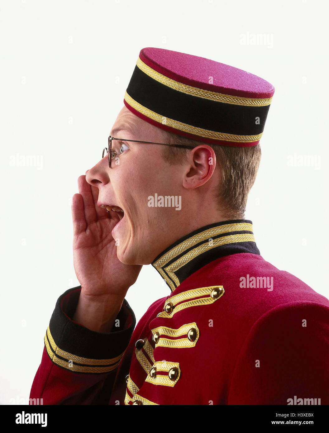 Page, young, uniform, gesture, shout, tread, professions, hotel bellmen ...