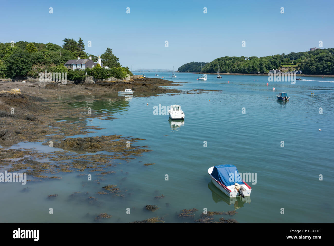 View along the Menai Straits towards Conway Stock Photo - Alamy