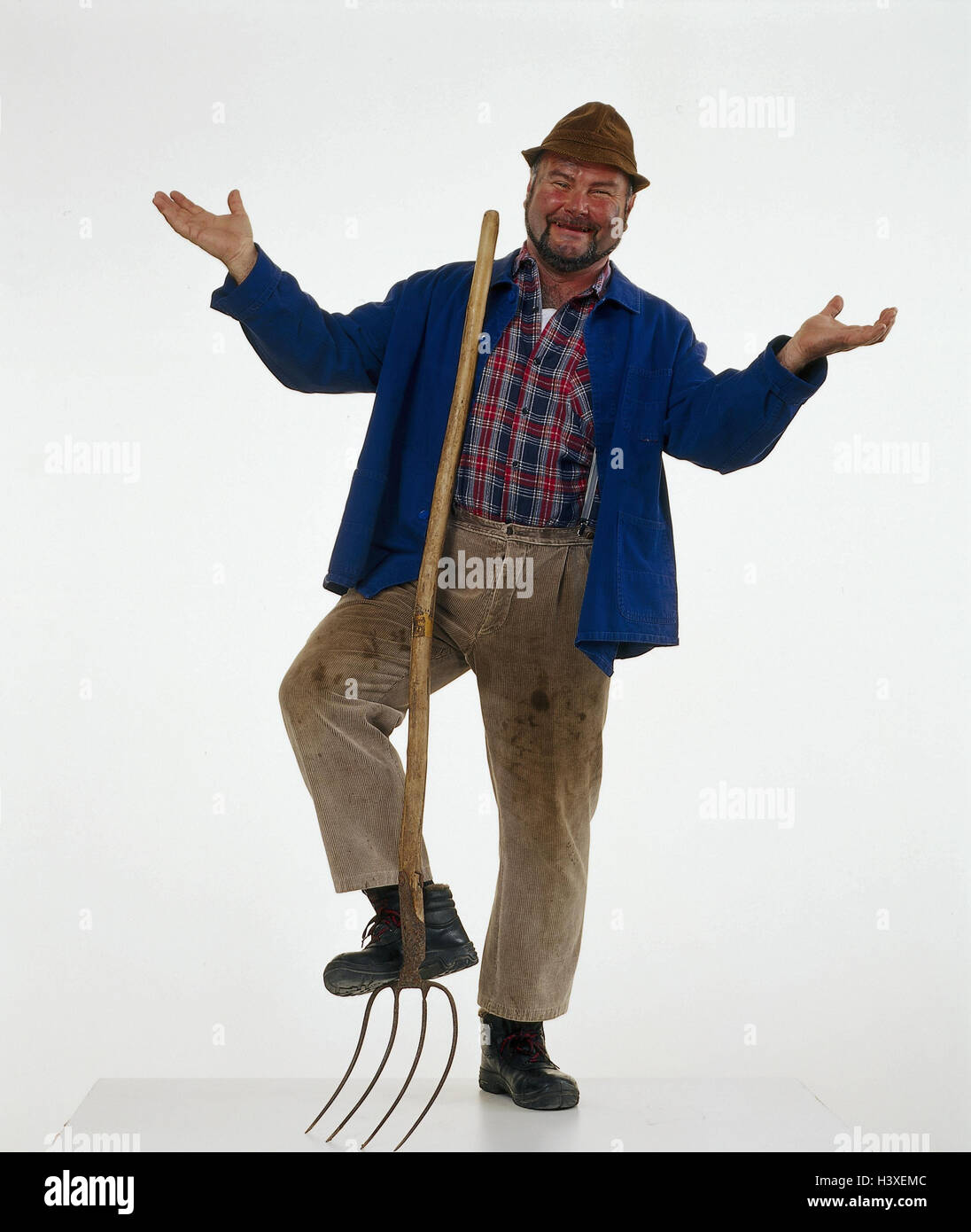 Farmer, care, hayfork, stand, gesture, helplessly, professions, studio ...