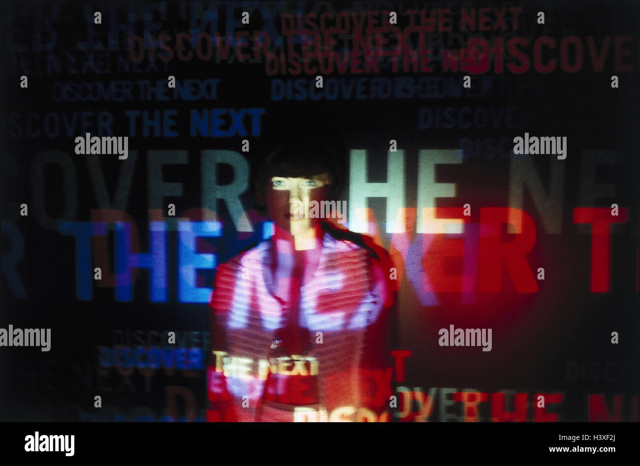 Woman, neon writing, projection, icon, vision, discovery, discover ...